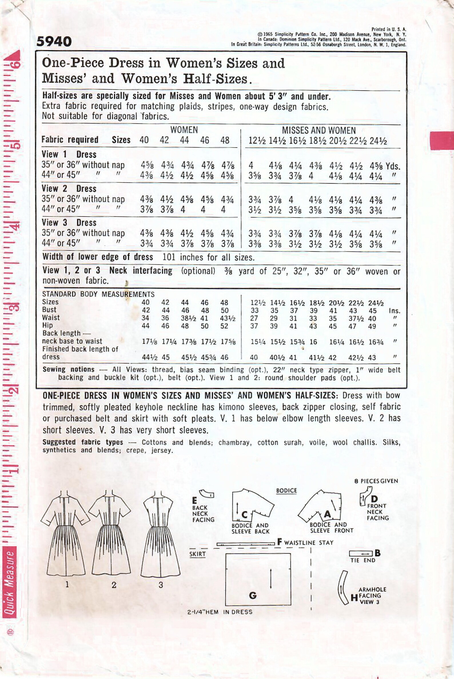 1960s Simplicity 5940 Vintage Sewing Pattern Half Size Dress | Etsy