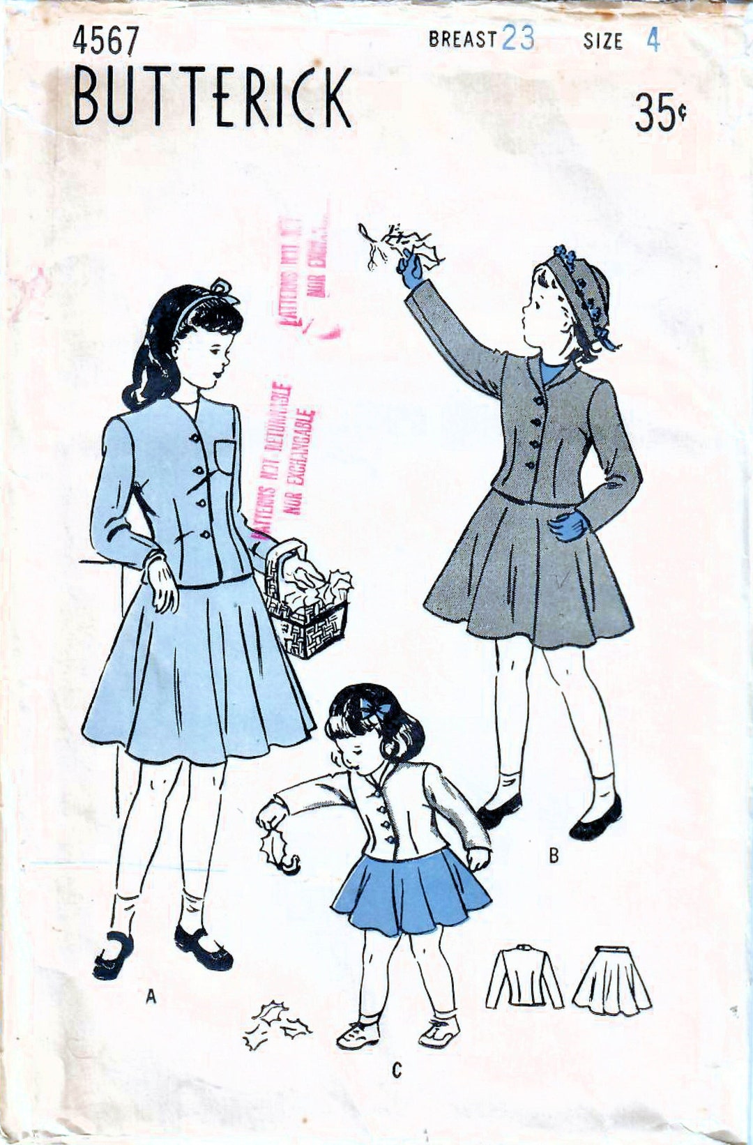 1940s Butterick 4567 Vintage Sewing Pattern Girls Suit, Fitted Jacket ...