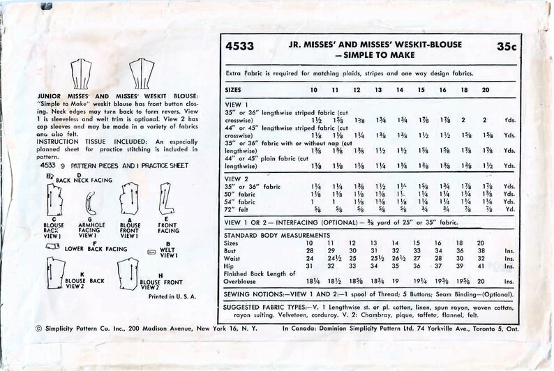 1950s Simplicity 4533 Vintage Sewing Pattern Weskit Blouse, Sleeveless ...