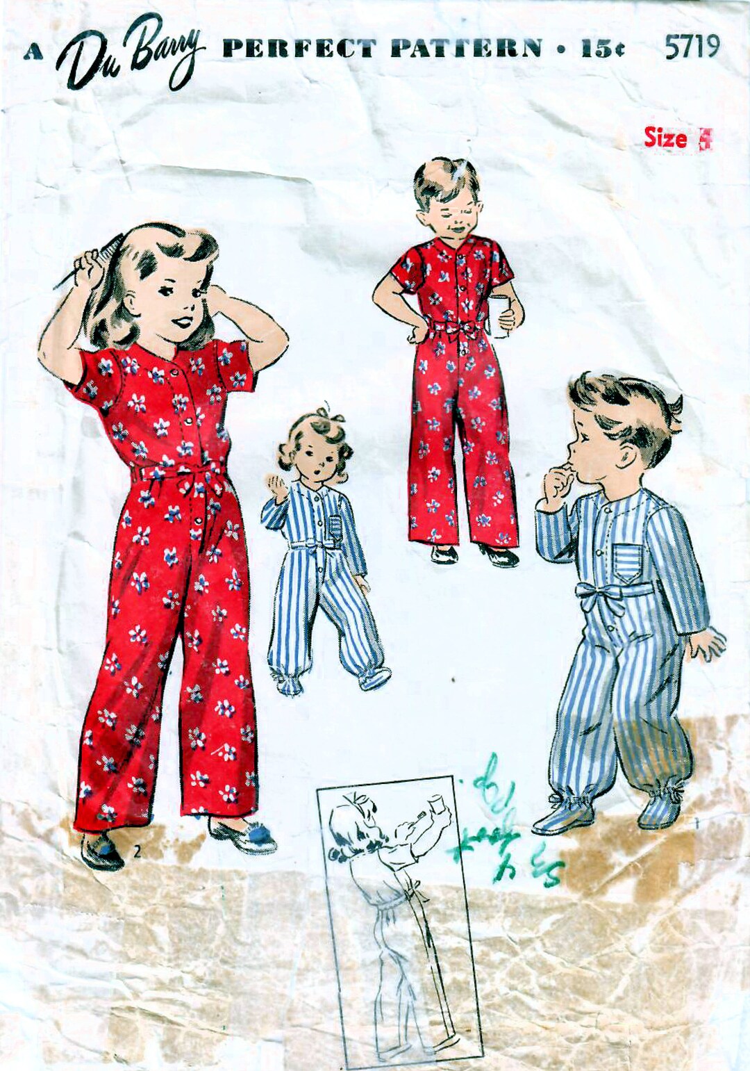 1940s Du Barry 5719 Vintage Sewing Pattern Child Boy Girl One Piece ...