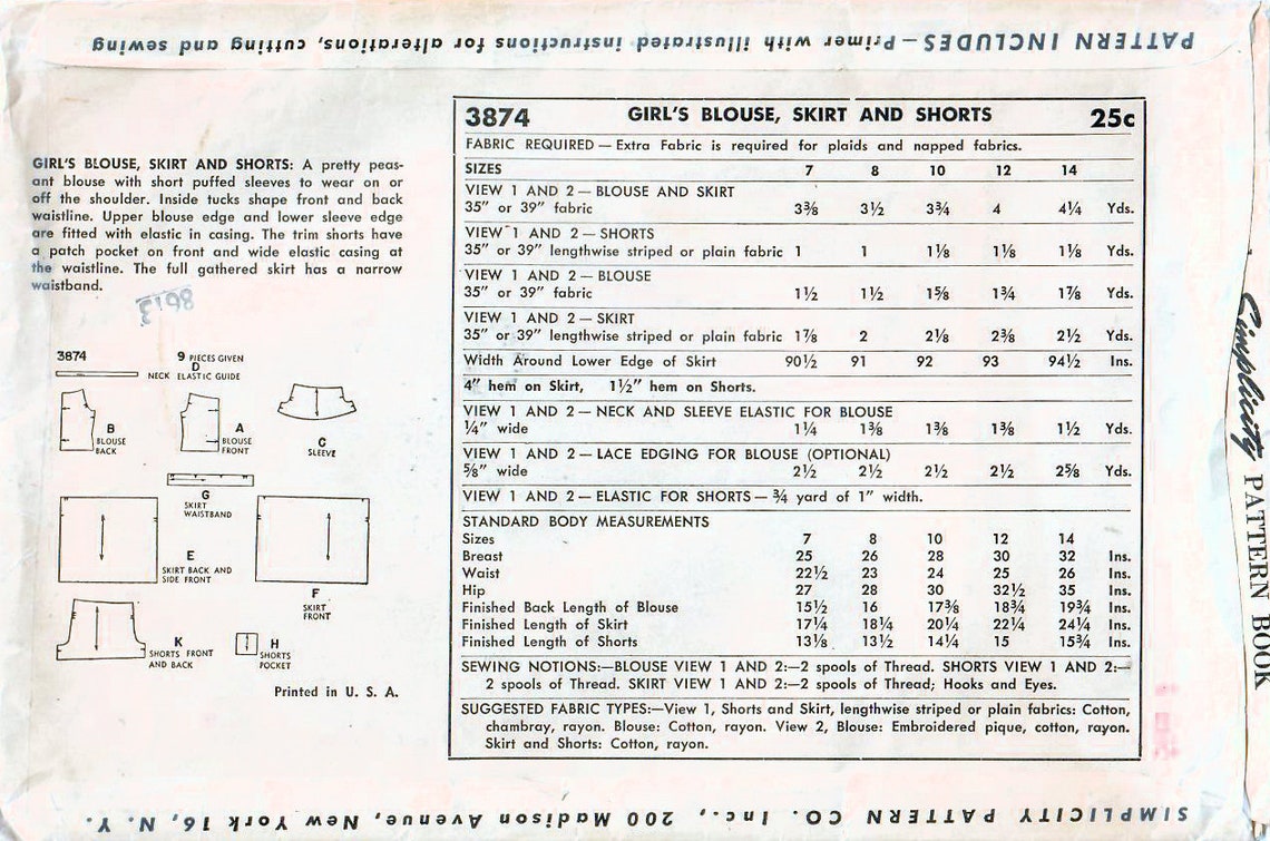 1950s Simplicity 3873 Vintage Sewing Pattern Girl's - Etsy