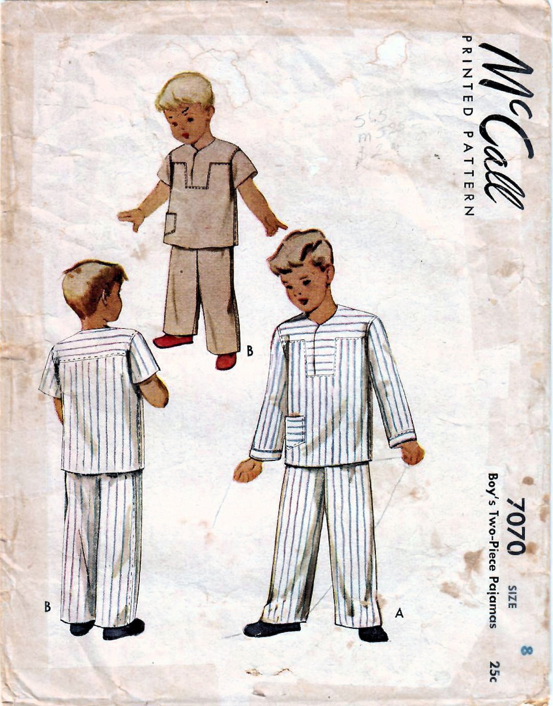 1940s Mccall 7070 Vintage Sewing Pattern Boys Long Pajamas, Two Piece ...