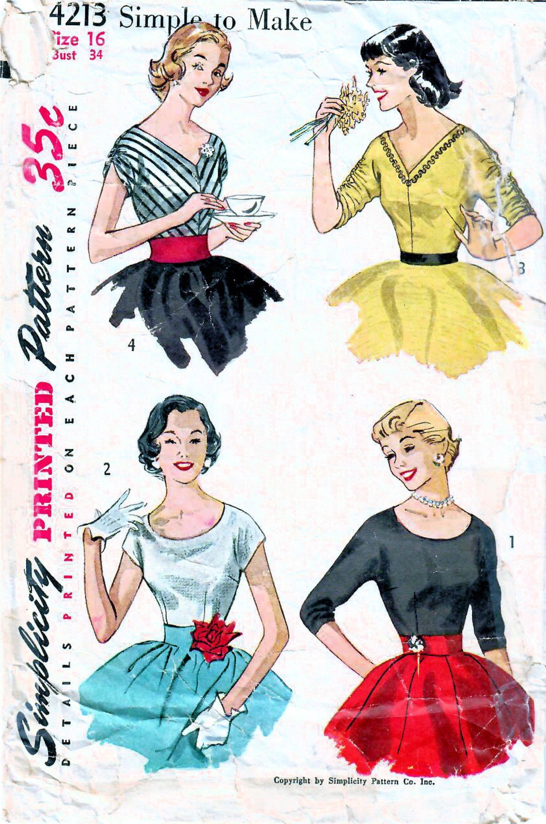 1950s Simplicity 4213 Vintage Sewing Pattern Misses Fitted Blouse Size ...