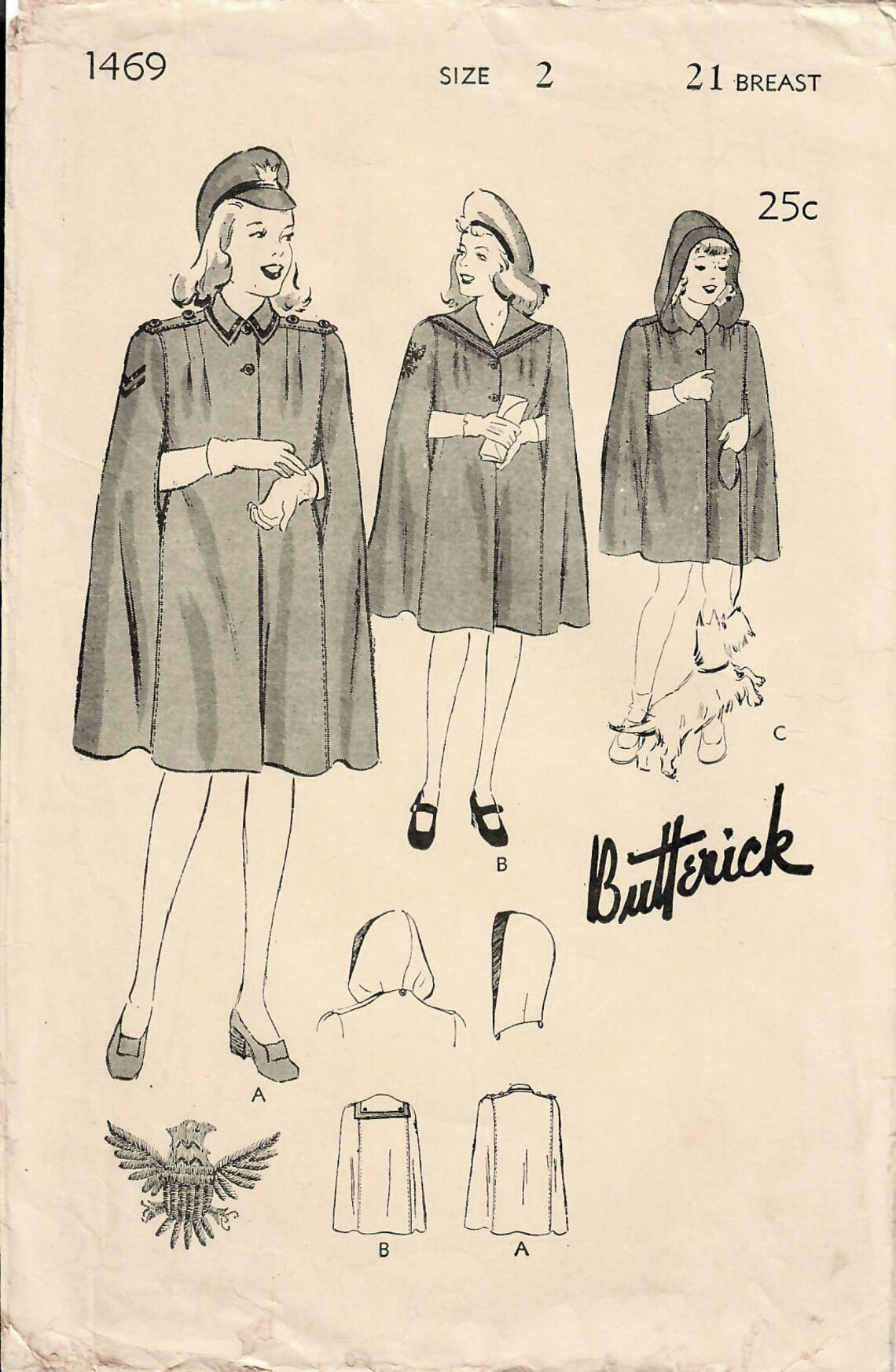 1940s Butterick 1469 Vintage Sewing Pattern Girl's Tailored Cape ...