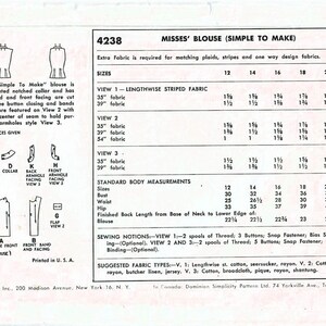 1950s Simplicity 4238 Vintage Sewing Pattern Misses Shirtwaist Blouse ...