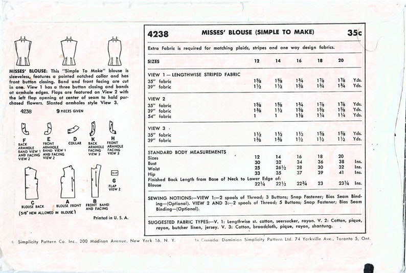 1950s Simplicity 4238 Vintage Sewing Pattern Misses Shirtwaist Blouse ...