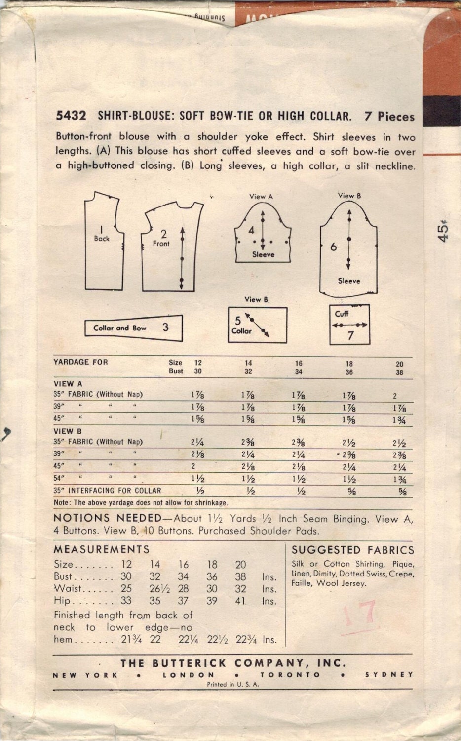 1950s Butterick 5432 Vintage Sewing Pattern Misses Blouse Bust | Etsy