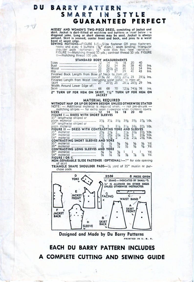 1940s Du Barry 5586 Vintage Sewing Pattern Misses Two-piece Dress ...