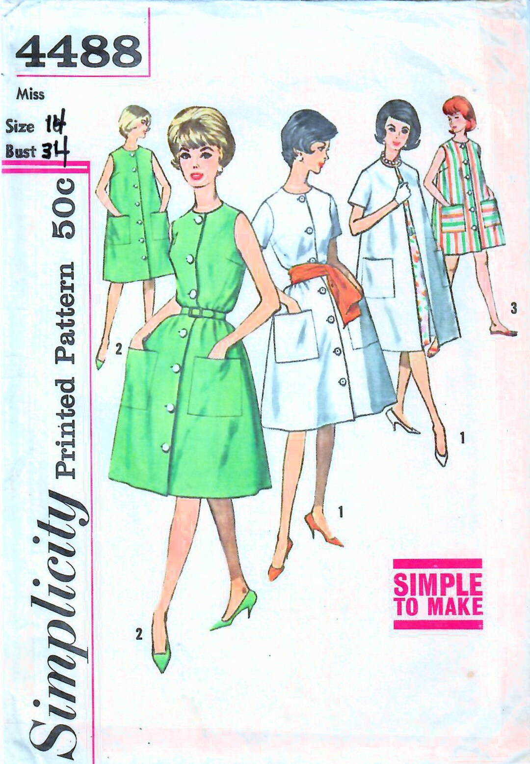 1960s Simplicity 4488 Vintage Sewing Pattern Misses Buttondown Dress ...