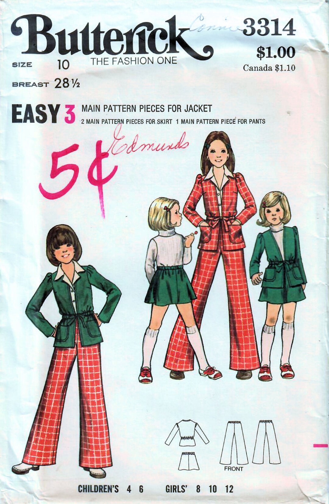 1970s Butterick 3314 UNCUT Vintage Sewing Pattern Girls Pants, Skirt ...