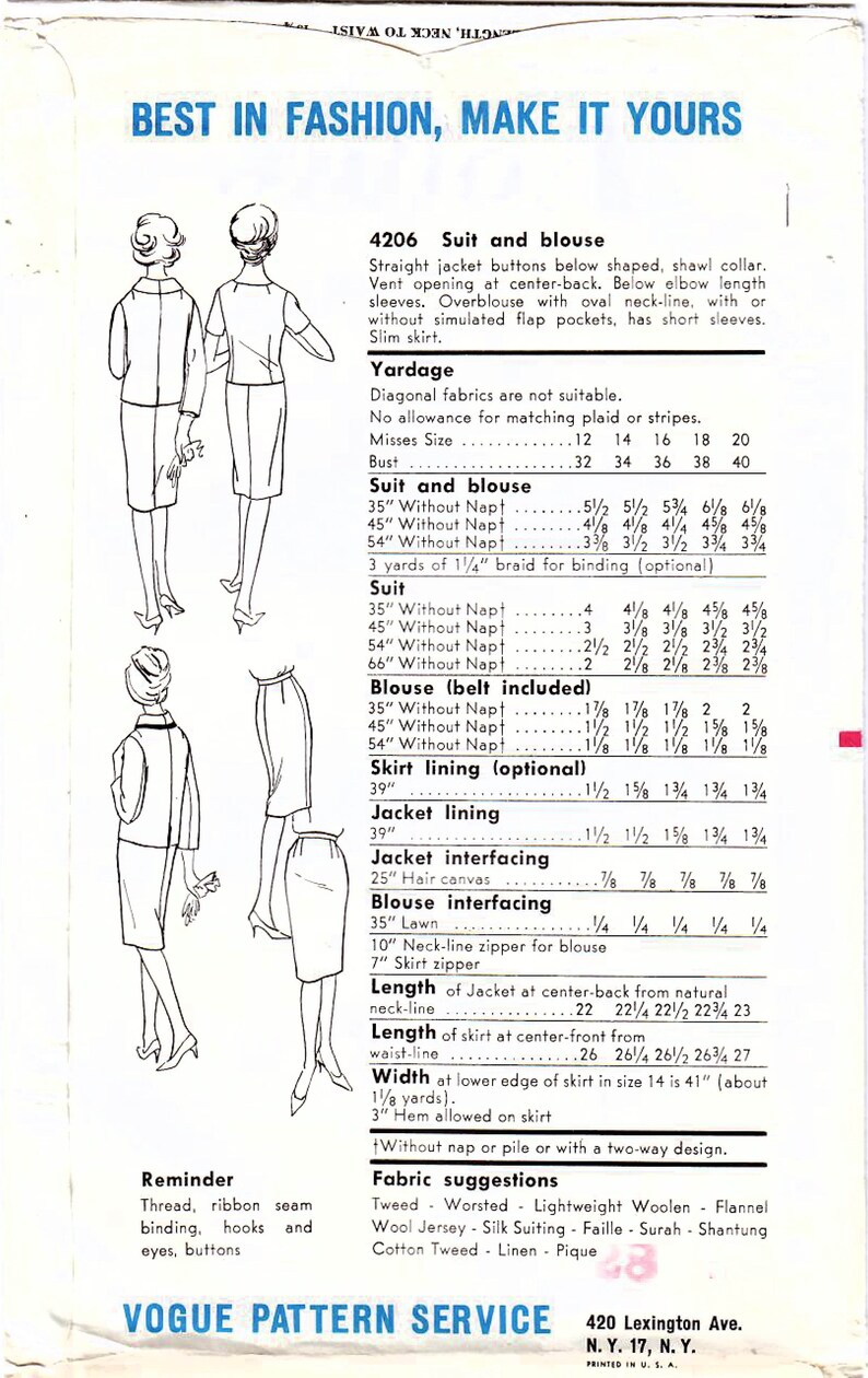 1960s Vogue 4206 UNCUT Vintage Sewing Pattern Misses Suit - Etsy