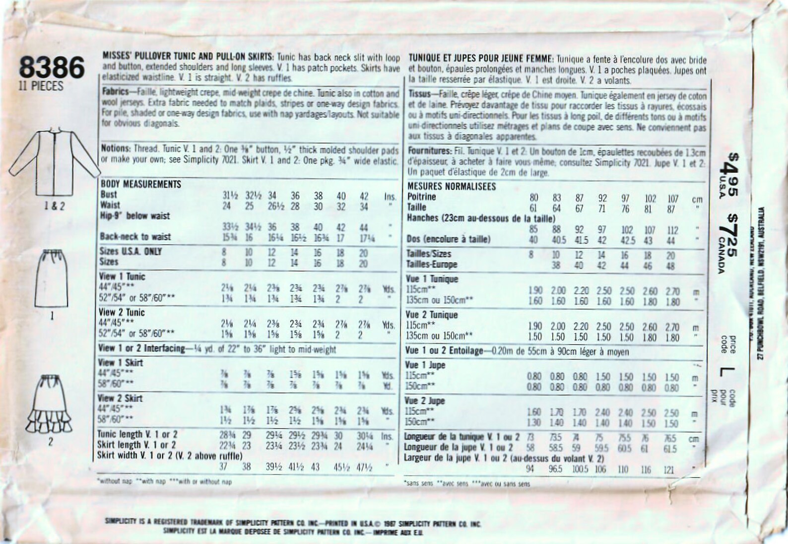 1980s Simplicity 8386 UNCUT Vintage Sewing Pattern Misses | Etsy