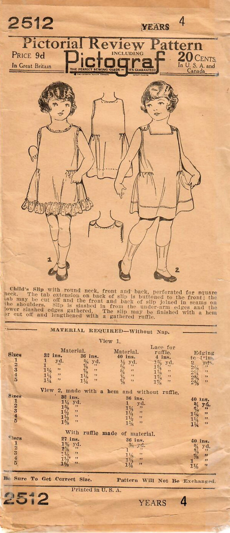 1920s Pictorial Review 2512 Vintage Sewing Pattern Girls Slip - Etsy