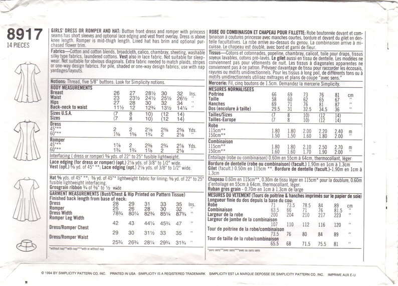 1990s Simplicity 8917 UNCUT Vintage Sewing Pattern Girl's | Etsy