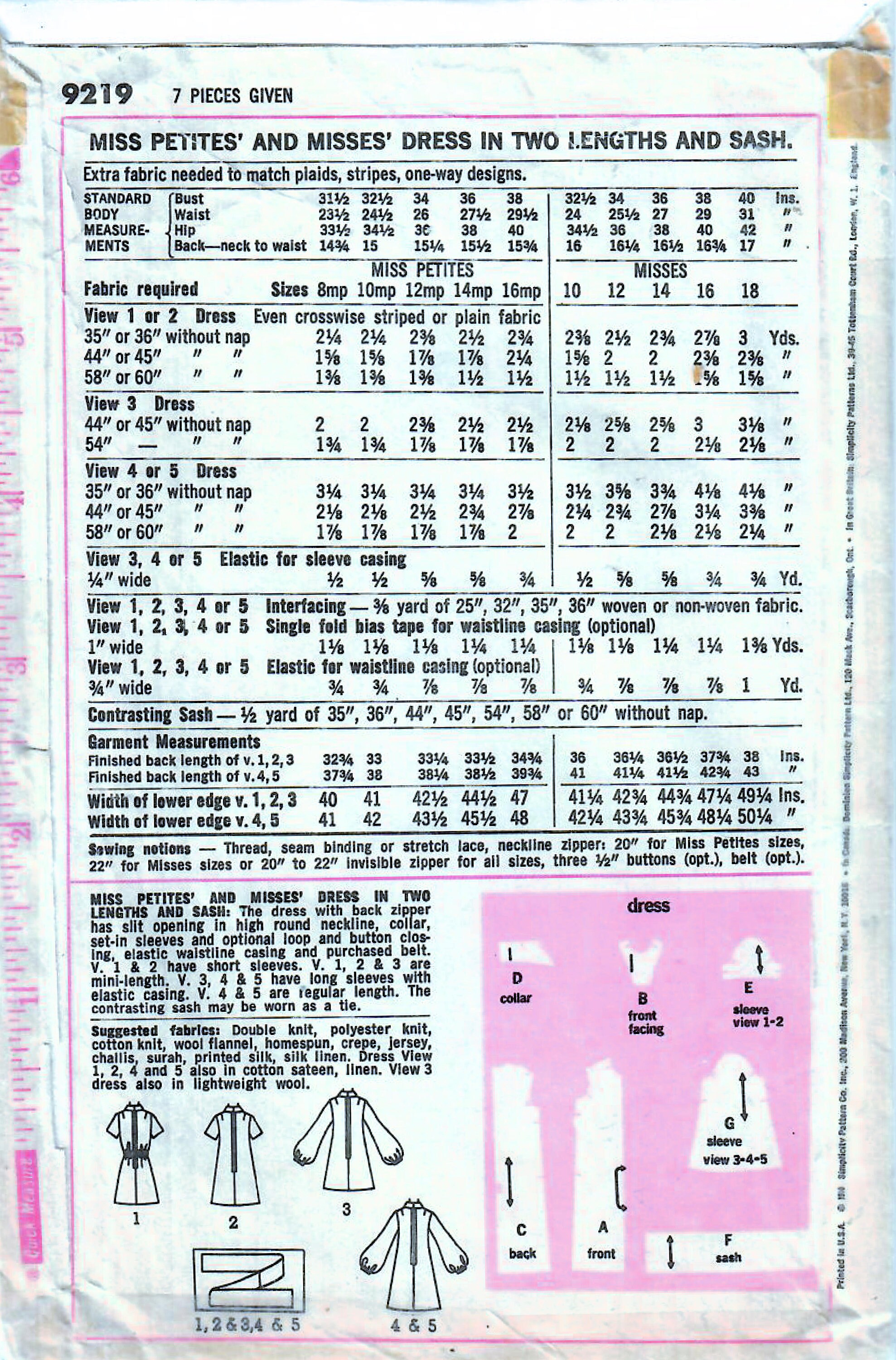 1970s Simplicity 9219 Vintage Sewing Pattern Misses One Piece | Etsy