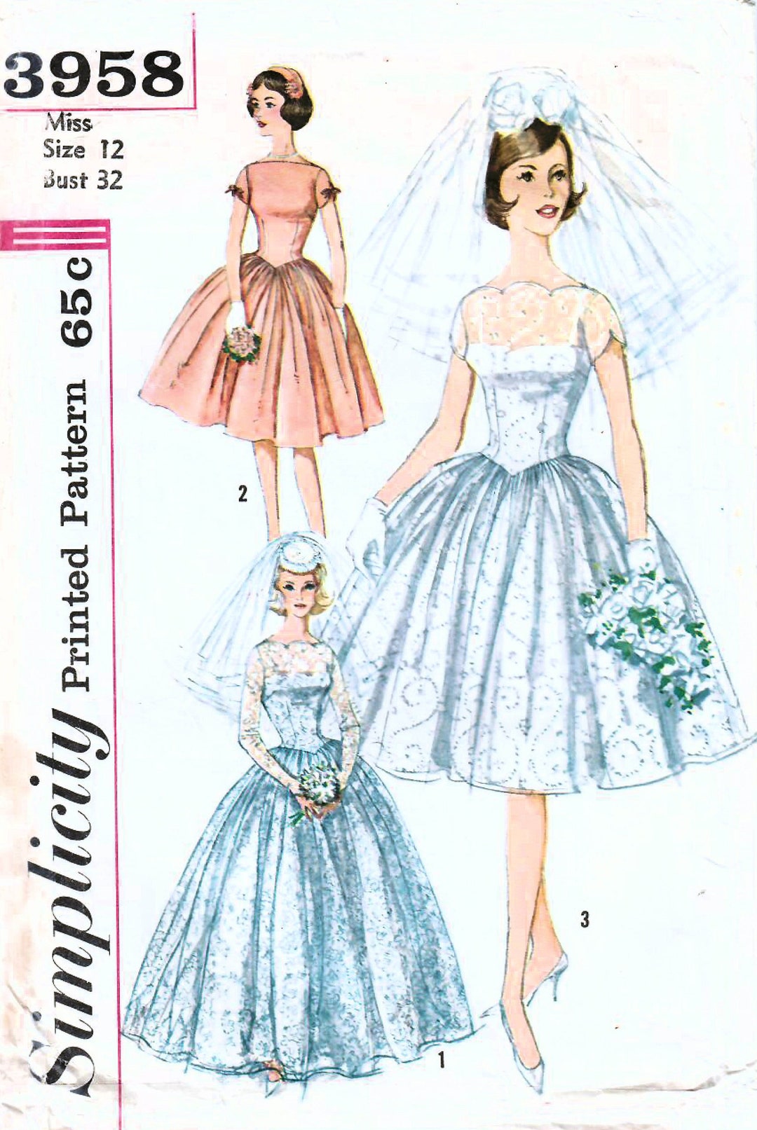 1960s Simplicity 3958 Vintage Sewing Pattern Bridal Dress, Full Skirt ...