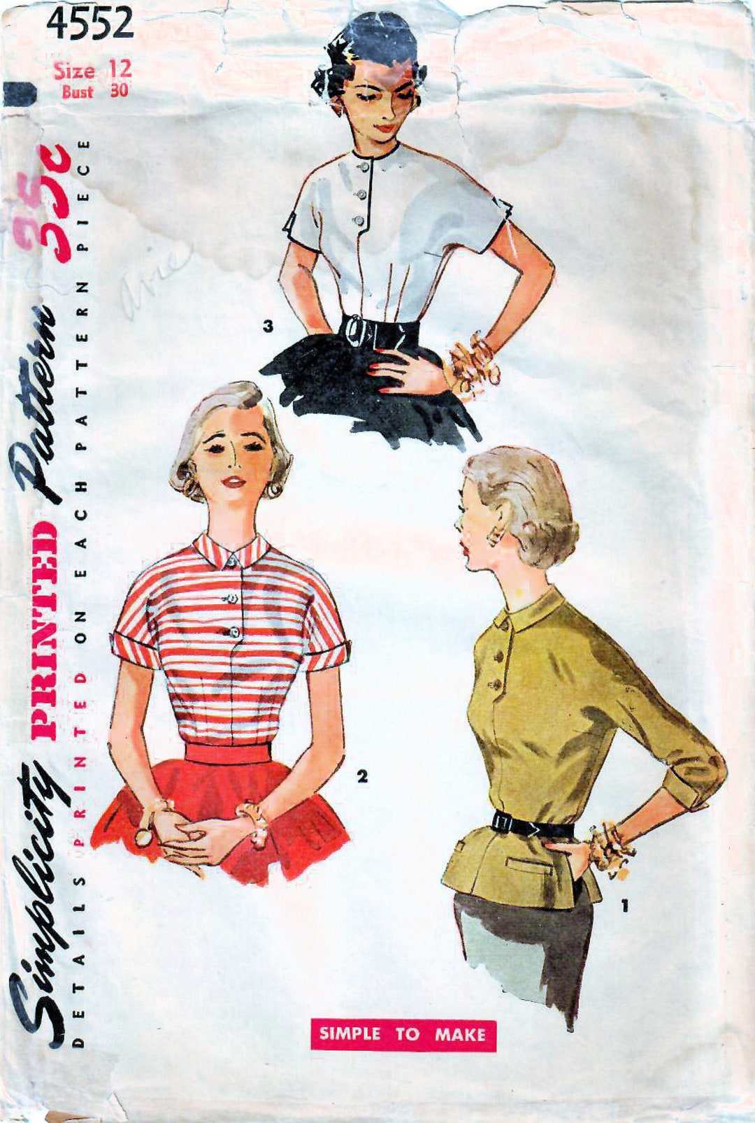 1950s Simplicity 4552 Vintage Sewing Pattern Misses Fitted Blouse ...