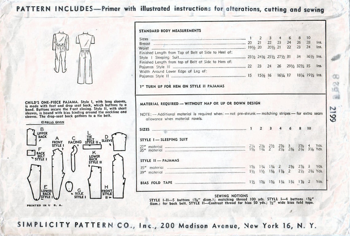 1940s Simplicity 2199 Vintage Sewing Pattern Girls Pajamas - Etsy