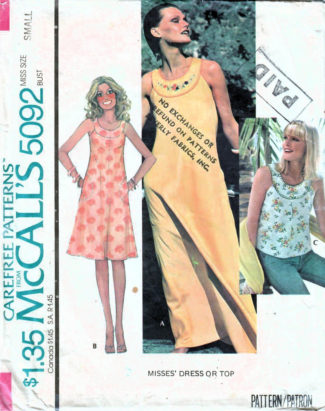 1970s Mccall's 5092 Vintage Sewing Pattern Sleeveless Yoked Top, Dress ...