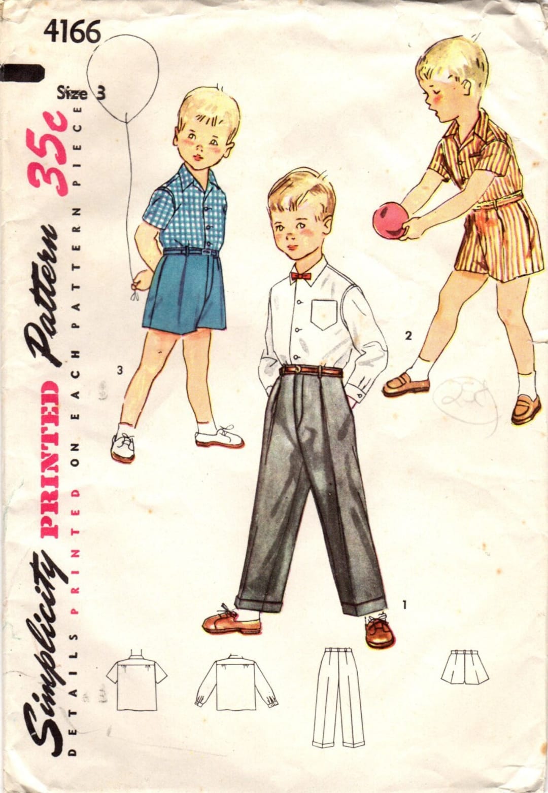 1950s Simplicity 4166 Vintage Sewing Pattern Boys Shirt, Shorts ...