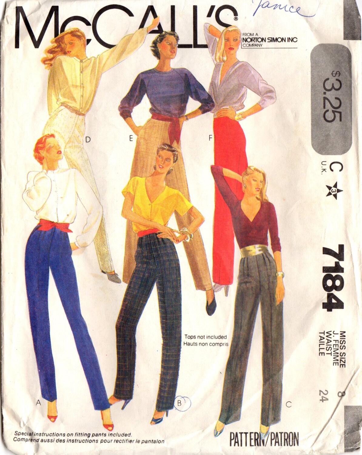 1980s Mccall's 7184 Vintage Sewing Pattern Misses Long Pants, Slim ...