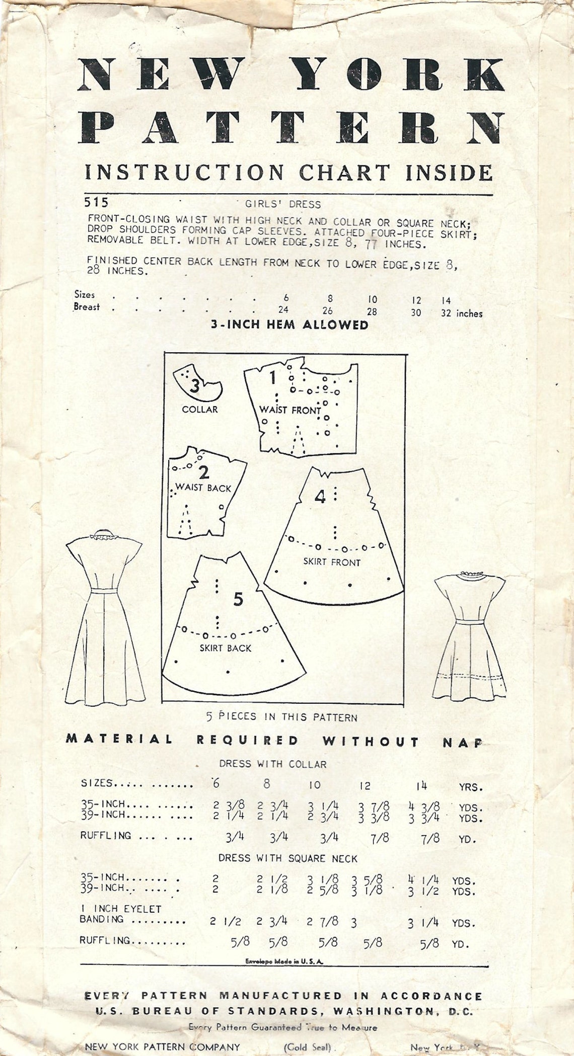 1950s New York 515 Vintage Sewing Pattern Girl's Dress, Party Dress ...