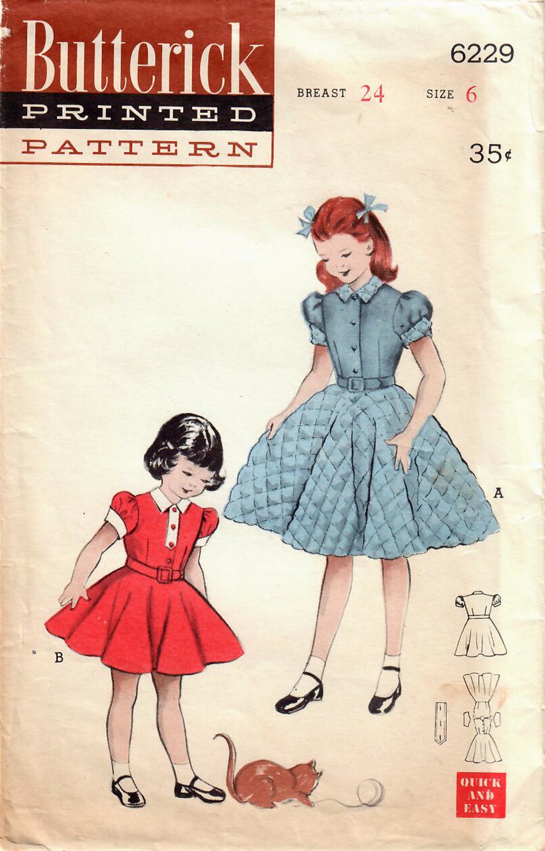 1950s Butterick 6229 Vintage Sewing Pattern Girl's Party Dress, Full ...