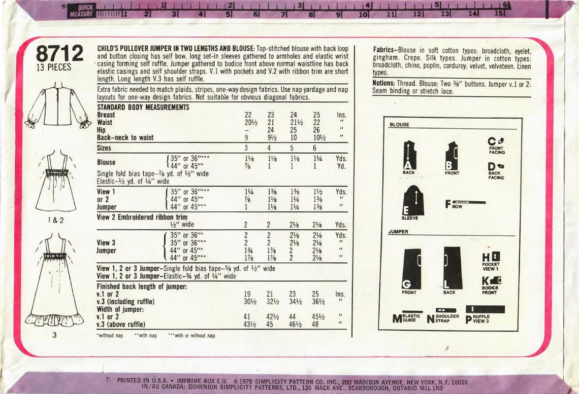 1970s Simplicity 8712 UNCUT Vintage Sewing Pattern Girls Pullover ...