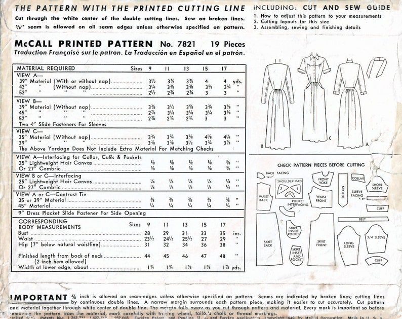 1940s Mccall 7821 Vintage Sewing Pattern Shirtwaist Dress - Etsy