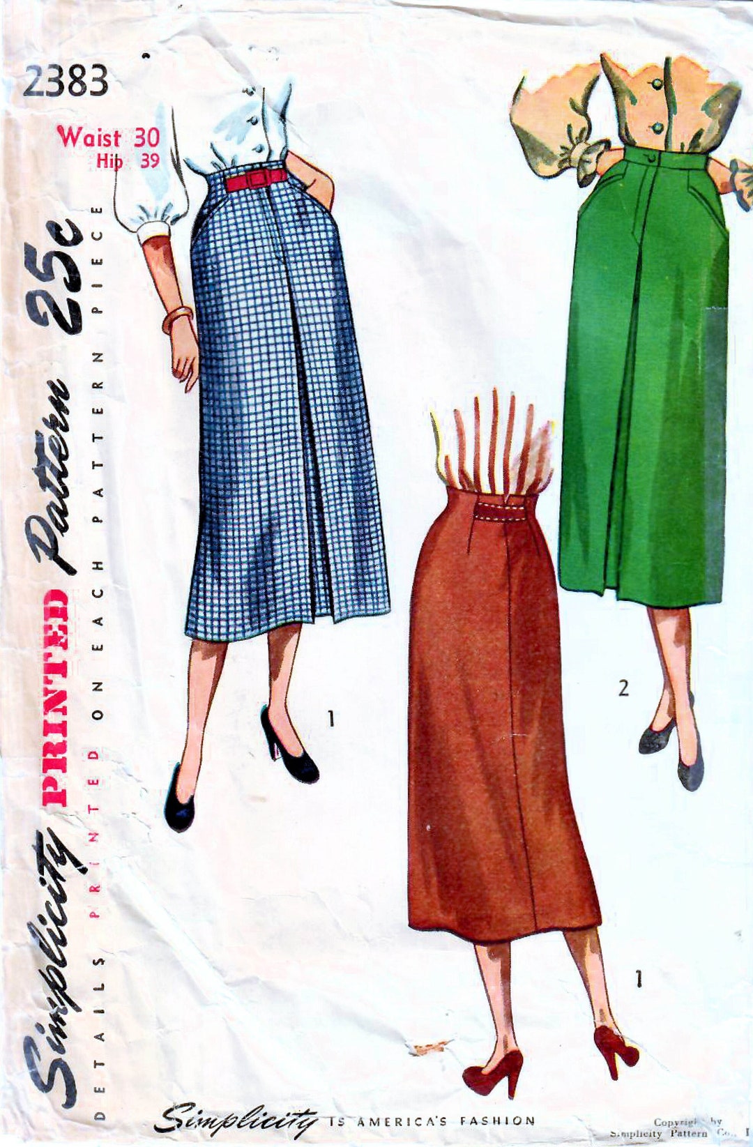1940s Simplicity 2383 Vintage Sewing Pattern Misses Midi Skirt, Flared ...