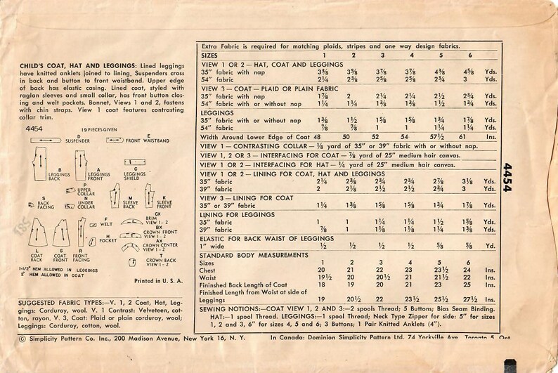 1950s Simplicity 4454 Vintage Sewing Pattern Girls Coat - Etsy
