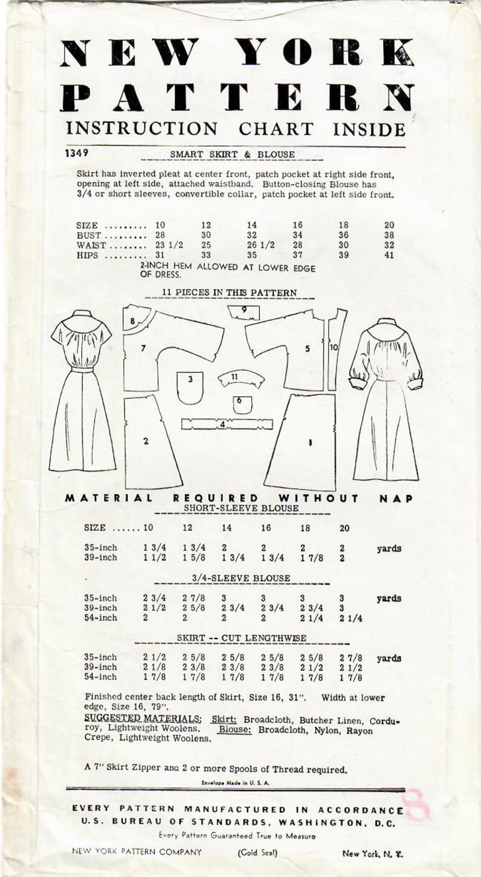 1950s New York 1349 FF Vintage Sewing Pattern Misses Skirt, Blouse Size ...