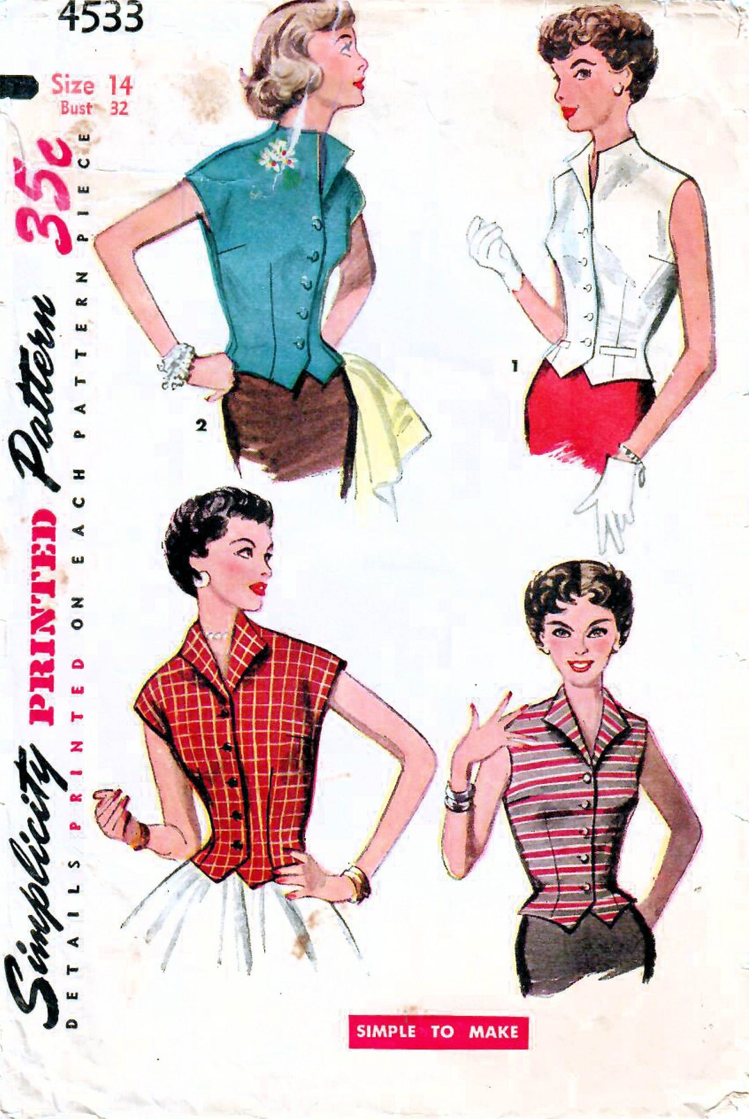 1950s Simplicity 4533 Vintage Sewing Pattern Weskit Blouse, Sleeveless ...