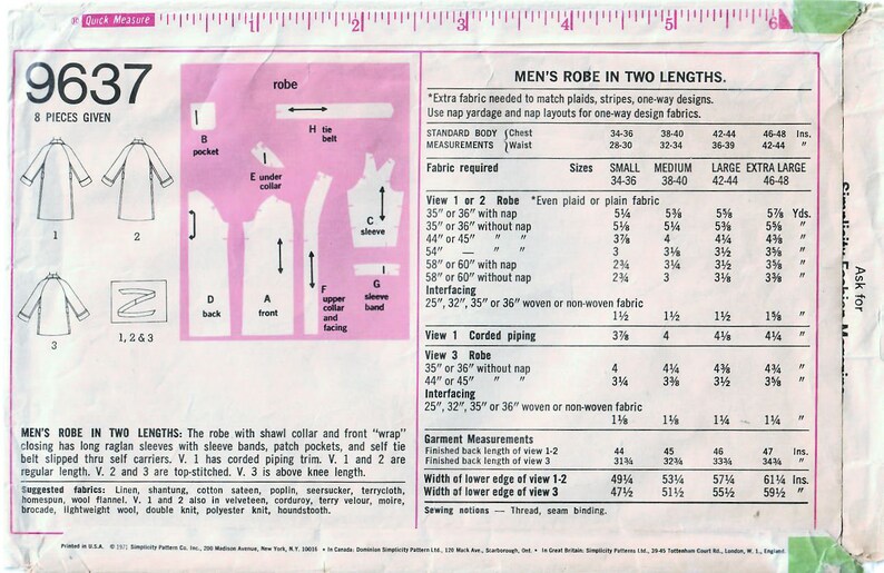 1970s Simplicity 9637 Vintage Sewing Pattern Men's Robe | Etsy