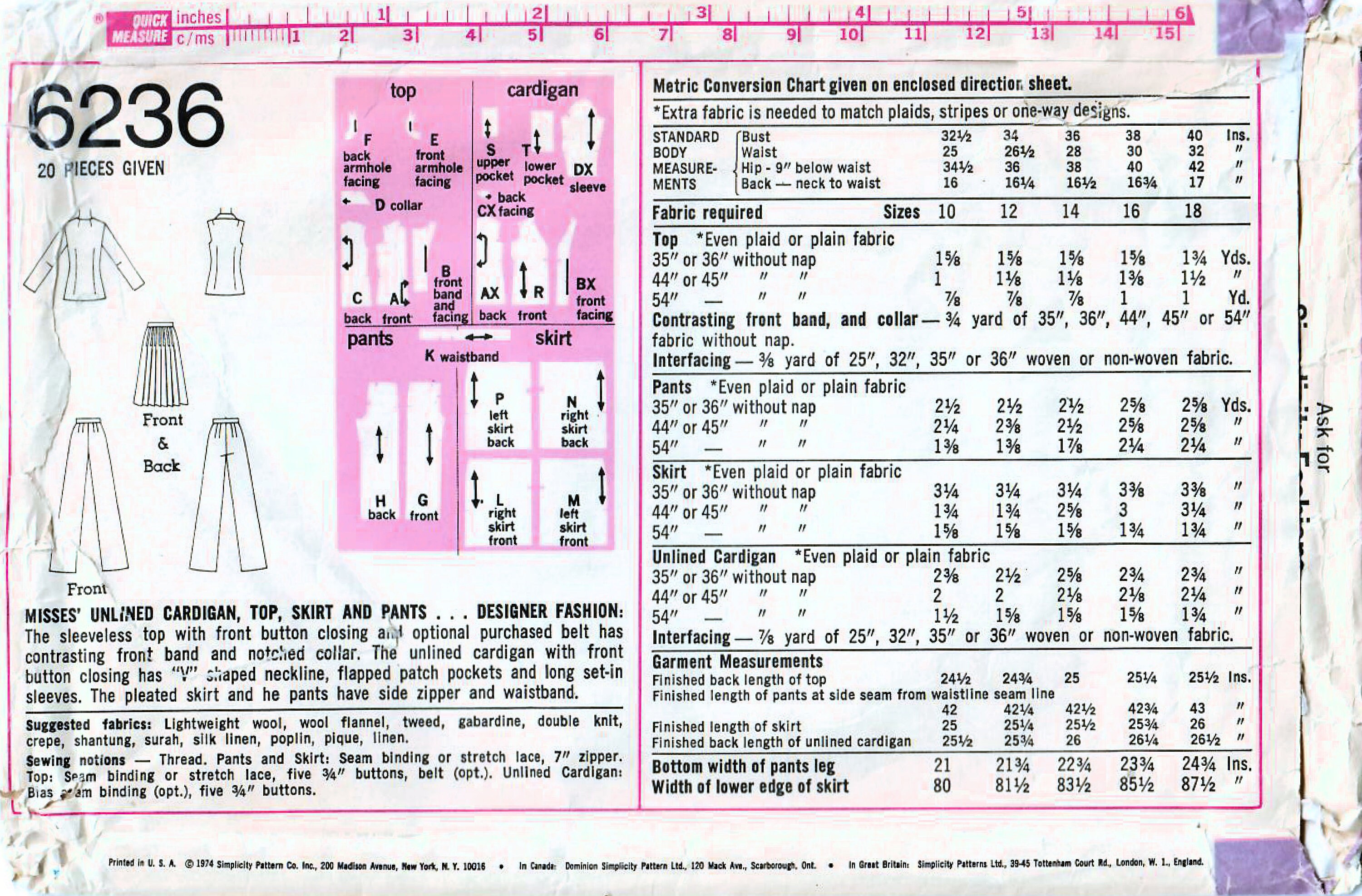 1970s Simplicity 6236 Vintage Sewing Pattern Misses Fitted Top, Pleated ...