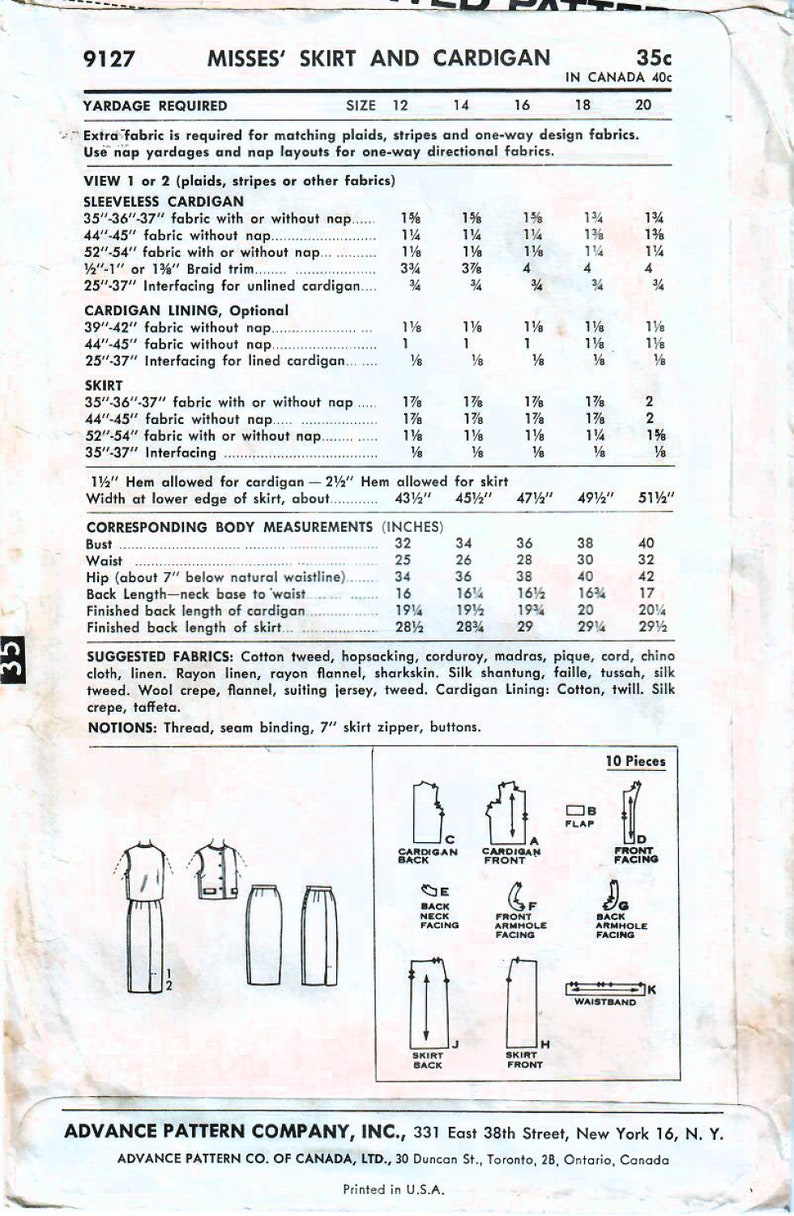 1950s Advance 9127 Vintage Sewing Pattern Misses Slim Skirt, Vest Size ...