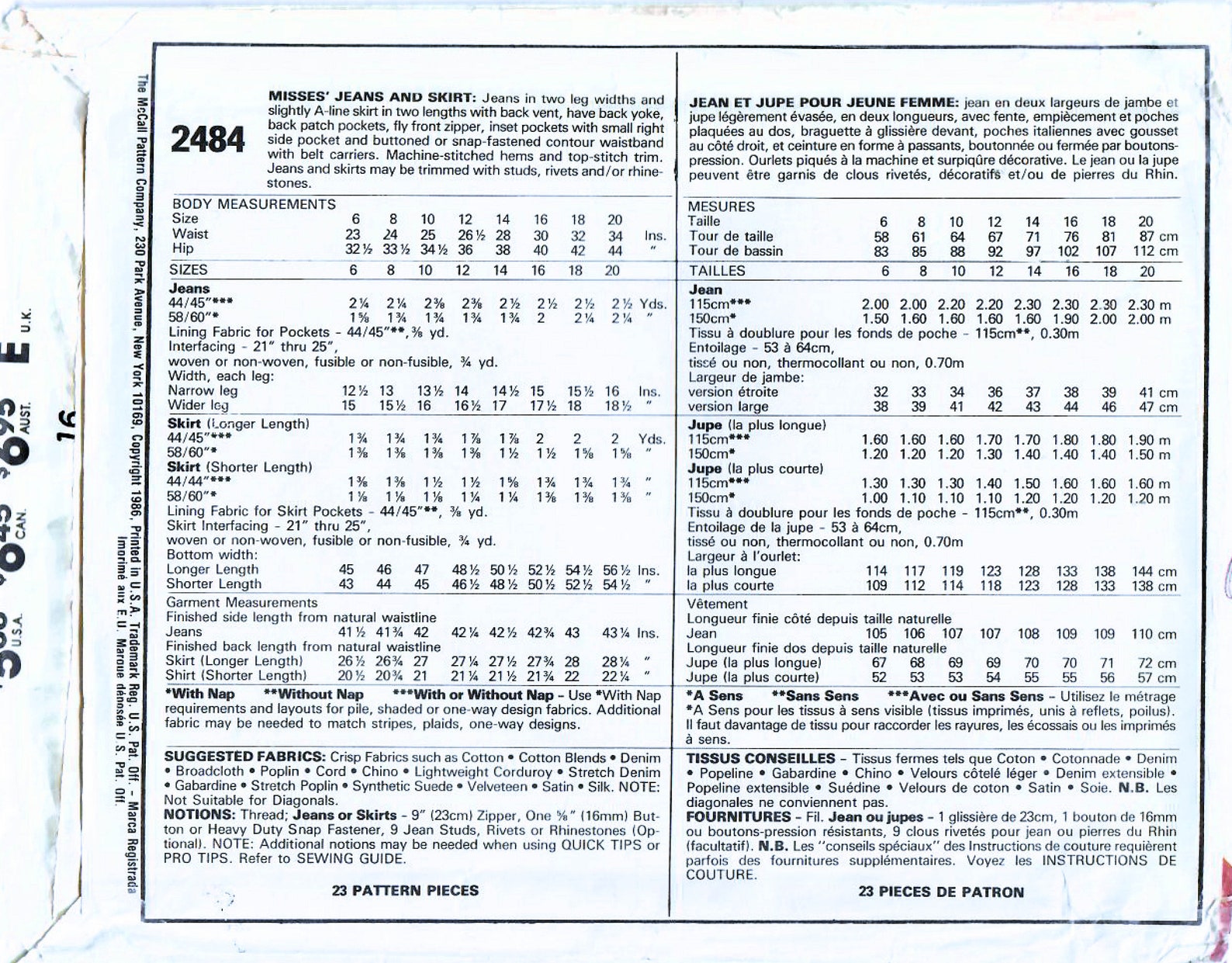 1980s Mccall's 2484 UNCUT Vintage Sewing Pattern Misses - Etsy