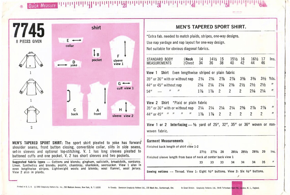 1960s Simplicity 7745 Vintage Sewing Pattern Men Dress Shirt - Etsy