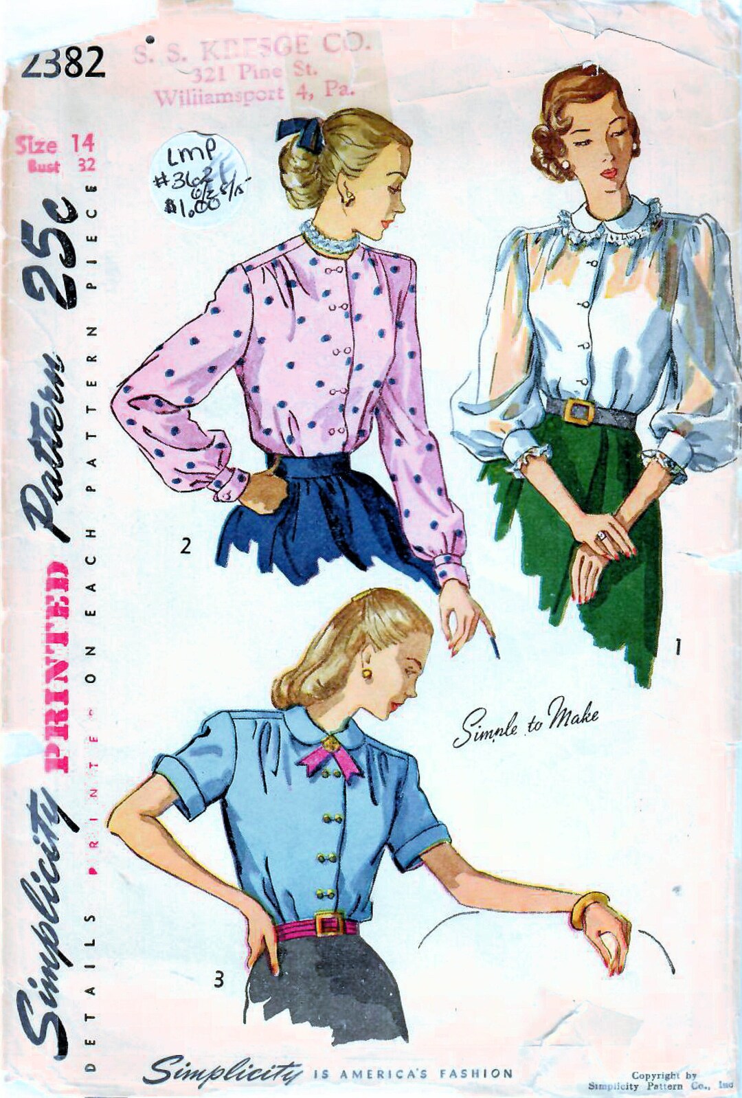 1940s Simplicity 2382 UNCUT Vintage Sewing Pattern Misses Shirtwaist ...