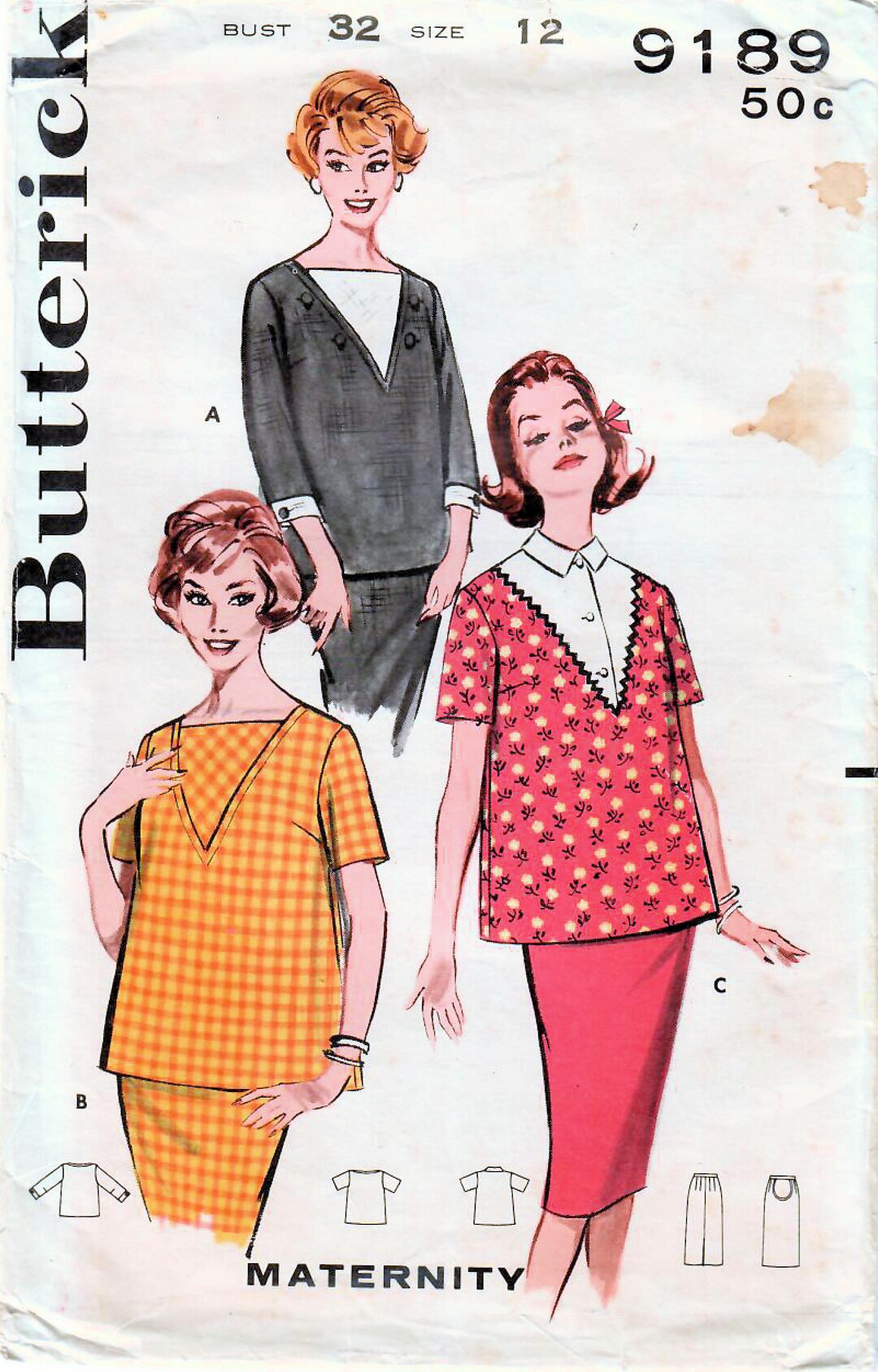 1950s Butterick 9189 Vintage Sewing Pattern Maternity Blouse, Maternity ...