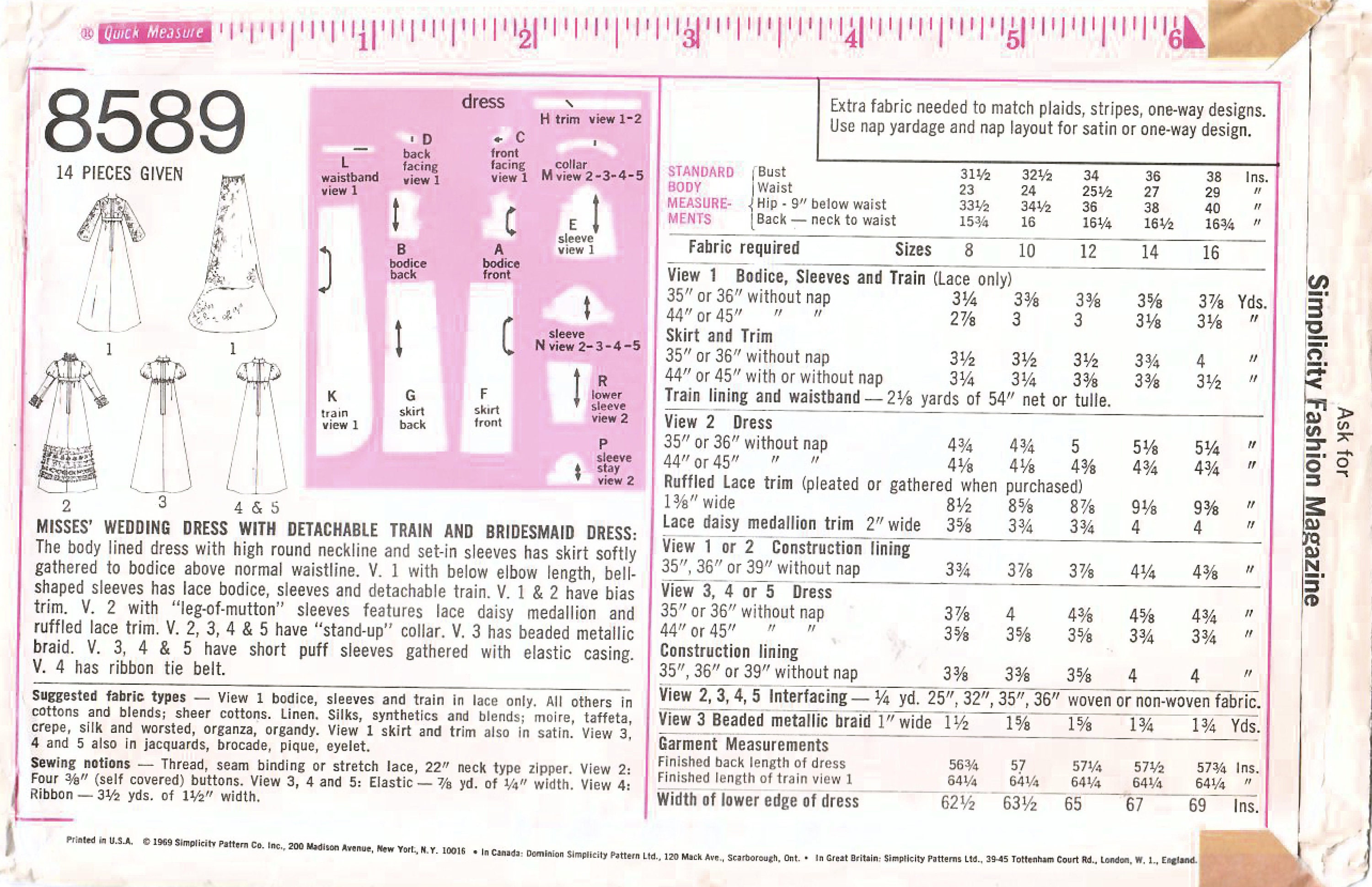 1960s Simplicity 8589 Vintage Sewing Pattern Wedding Dress, Bridal Gown ...