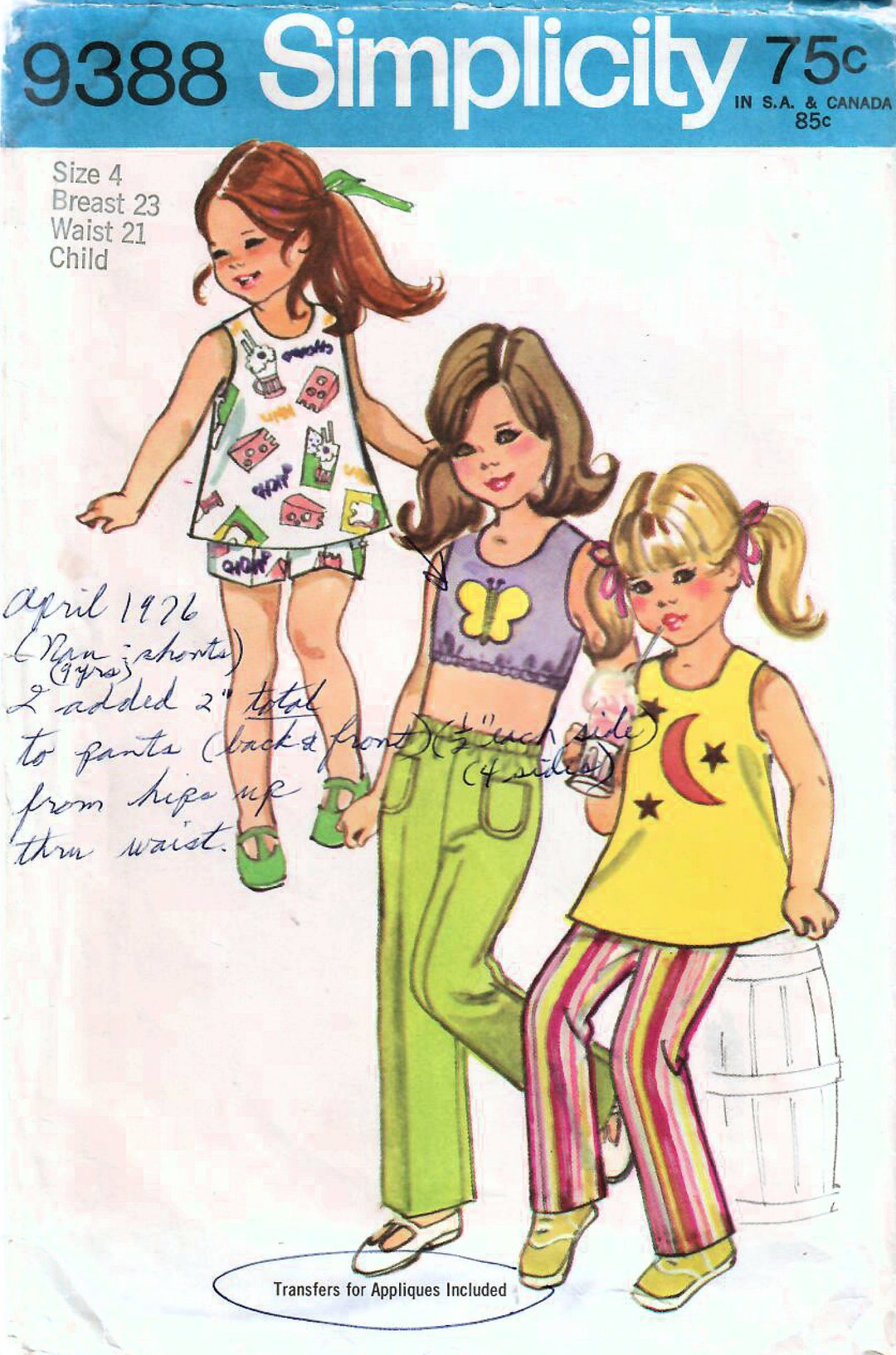 1970s Simplicity 9388 Vintage Sewing Pattern Girls Shorts, Long Pants ...