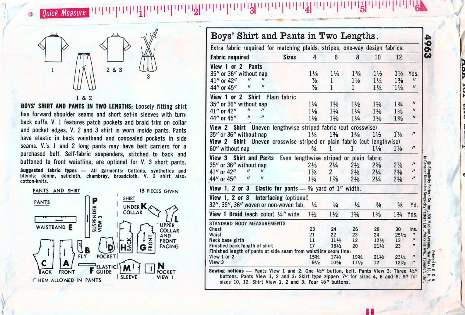 1960s Simplicity 4963 Vintage Sewing Pattern Boys Shorts, Cabin Boy Pants, Casual Shirt Size 12 ...
