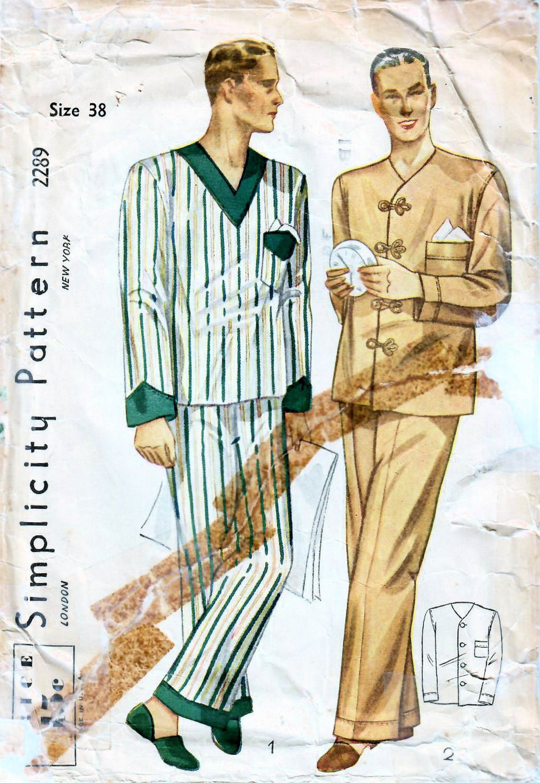 1930s Simplicity 2289 Vintage Sewing Pattern Men's Long Pajamas Size 38 ...