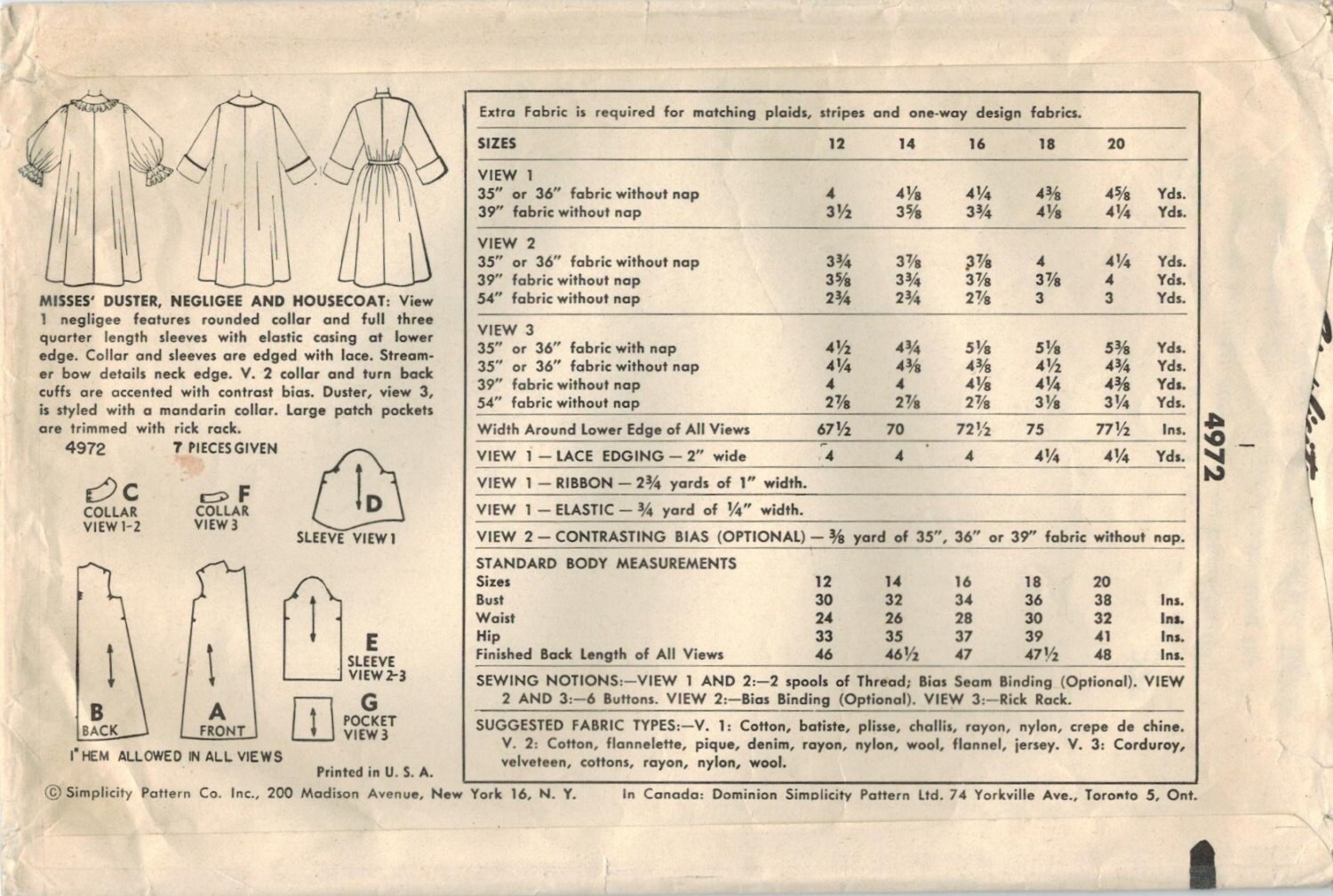 1950s Simplicity 4972 Vintage Sewing Pattern Misses Duster - Etsy
