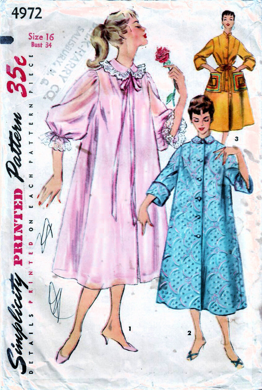 1950s Simplicity 4972 Vintage Sewing Pattern Misses Duster Negligee ...