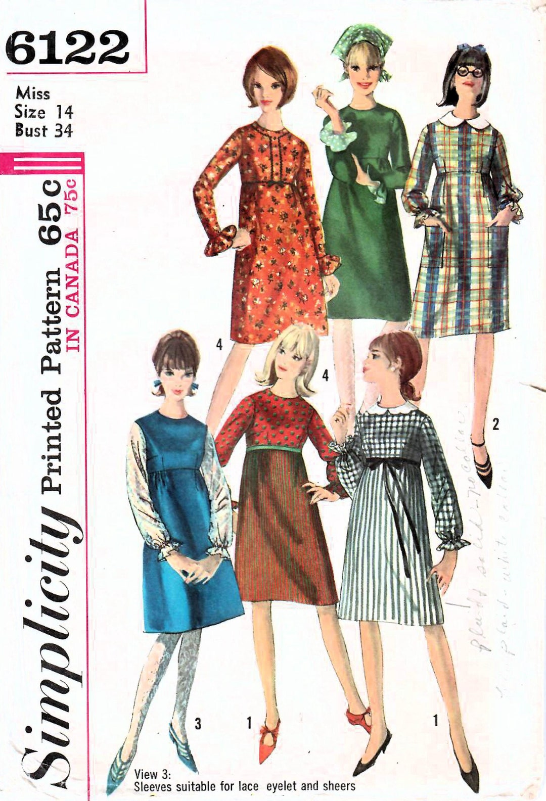 1960s Simplicity 6122 Vintage Sewing Pattern Misses Empire Waist Dress ...