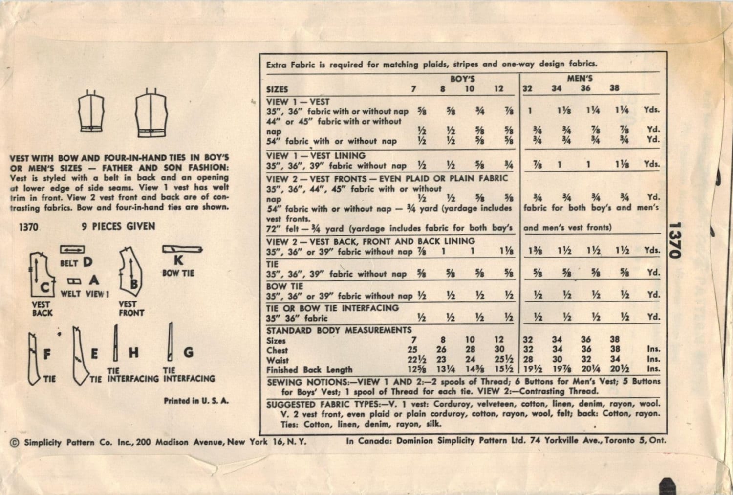 1950s Simplicity 1370 UNCUT Vintage Sewing Pattern Boys Vest - Etsy