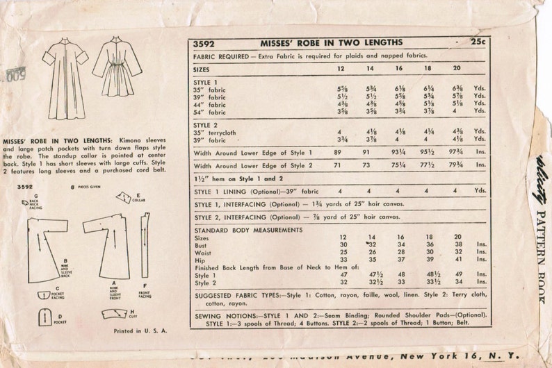 1950s Simplicity 3592 Vintage Sewing Pattern Misses Robe - Etsy