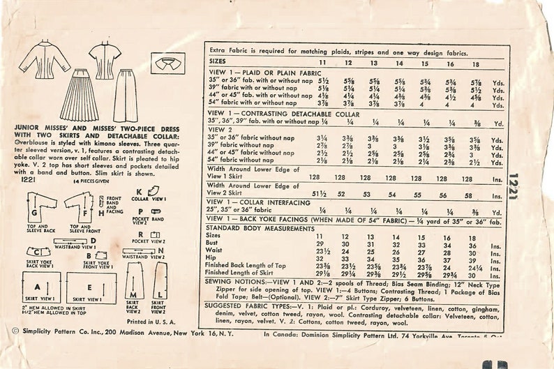 1950s Simplicity 1221 Vintage Sewing Pattern Junior Two Piece - Etsy